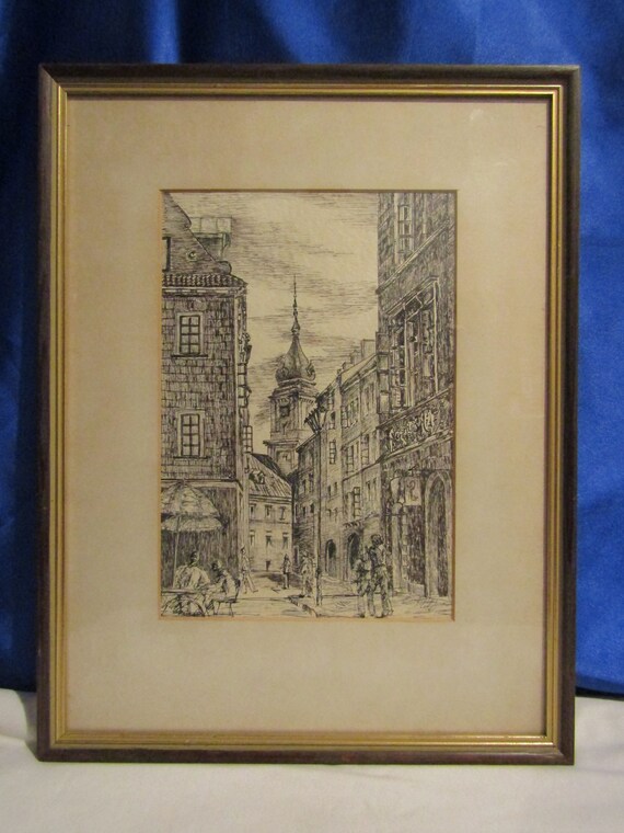Vintage Dutch Original Pen and Ink Drawing of a Street Scene | Etsy