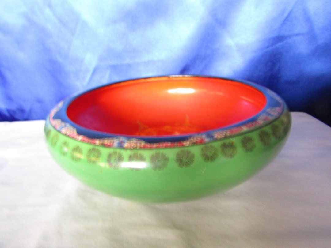 Vintage Art Deco Green and Vermillion Fruit Bowl, Decorated With Black ...