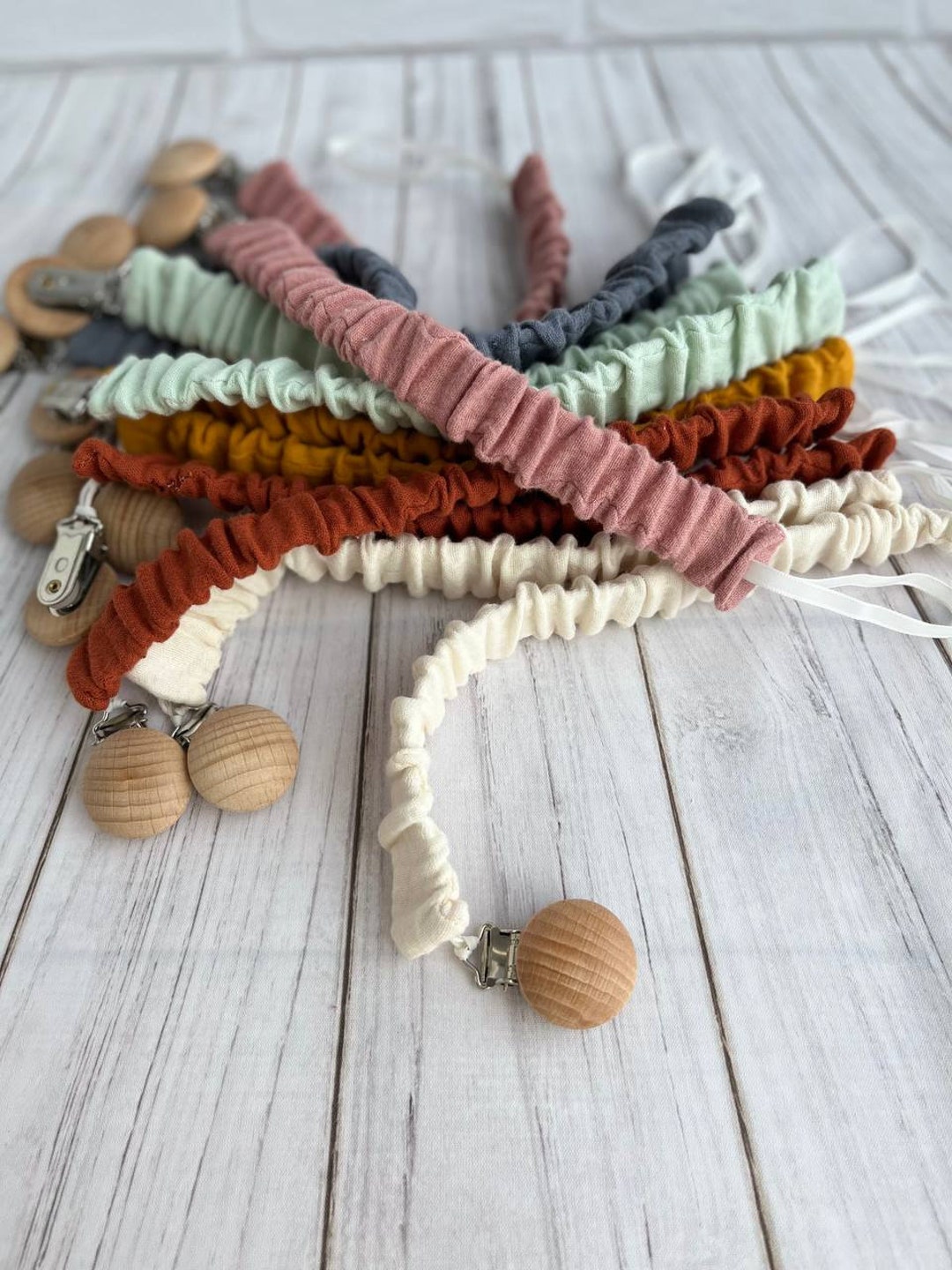 Neutral Pacifier Clip Organic Muslin Cotton and Wooden Clip, Pacifier ...