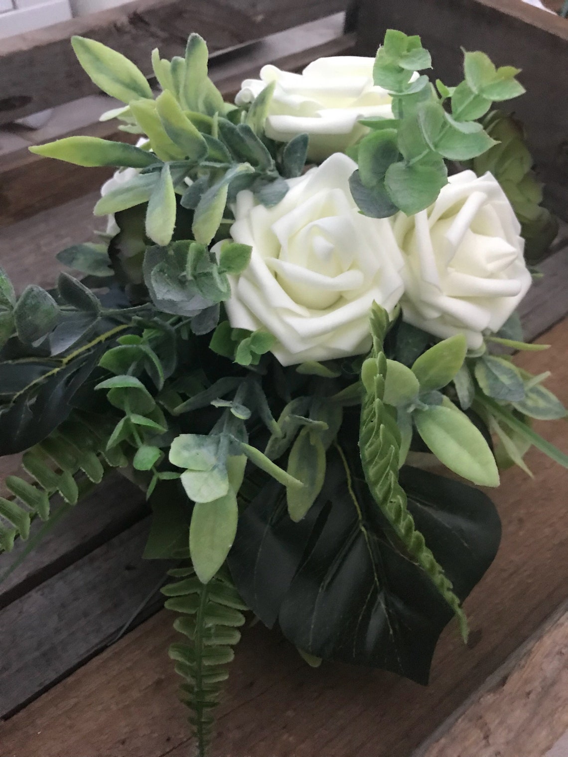 Rustic Ivory Rose and Greenery Bride Bouquet SMALL | Etsy