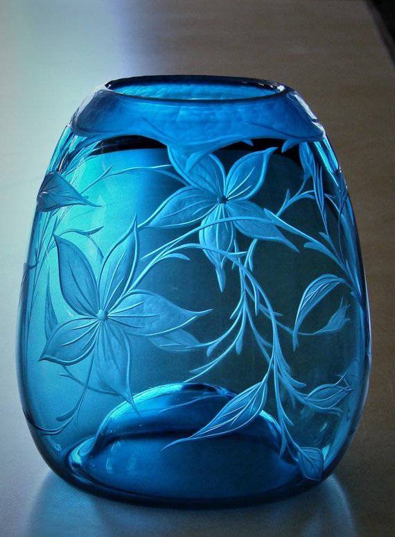Blue Floral Vase, Blue Vase, Floral Vase, Hand Engraved,hand Blown Vase ...