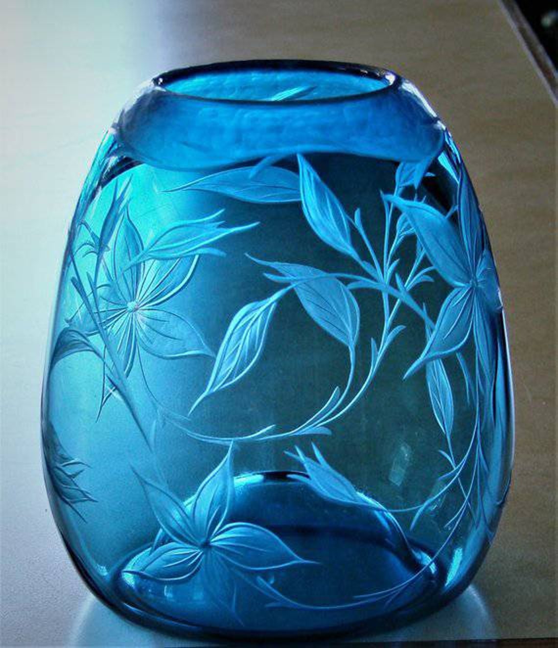 Blue Floral Vase, Blue Vase, Floral Vase, Hand Engraved,hand Blown Vase ...