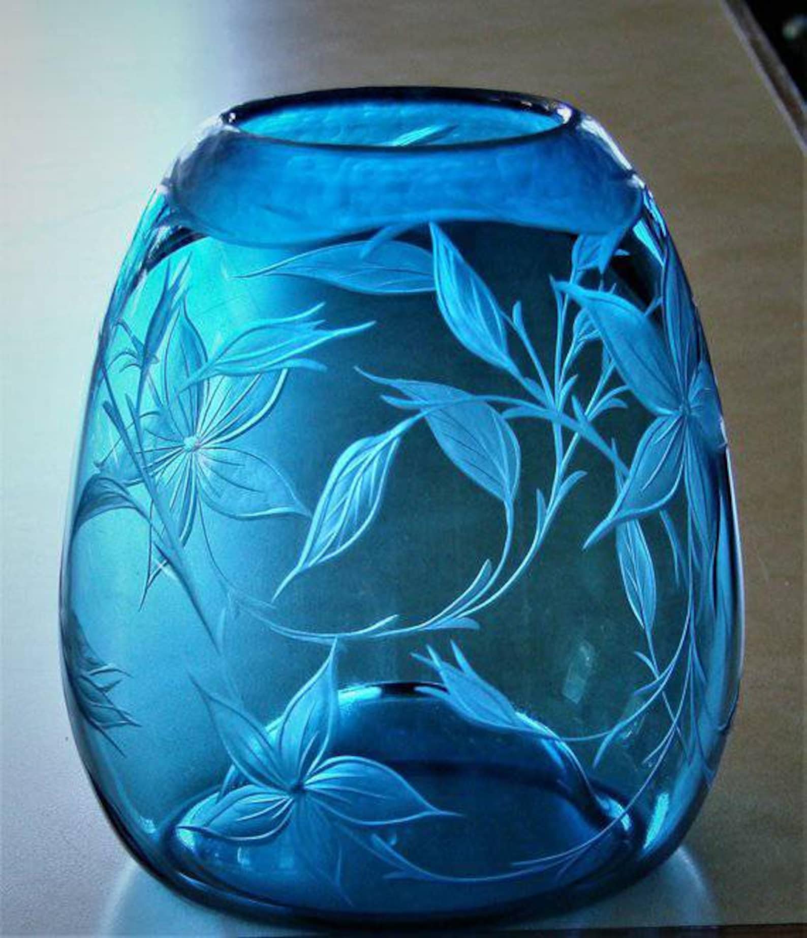 Blue Floral Vase, Blue Vase, Floral Vase, Hand Engraved,hand Blown Vase ...