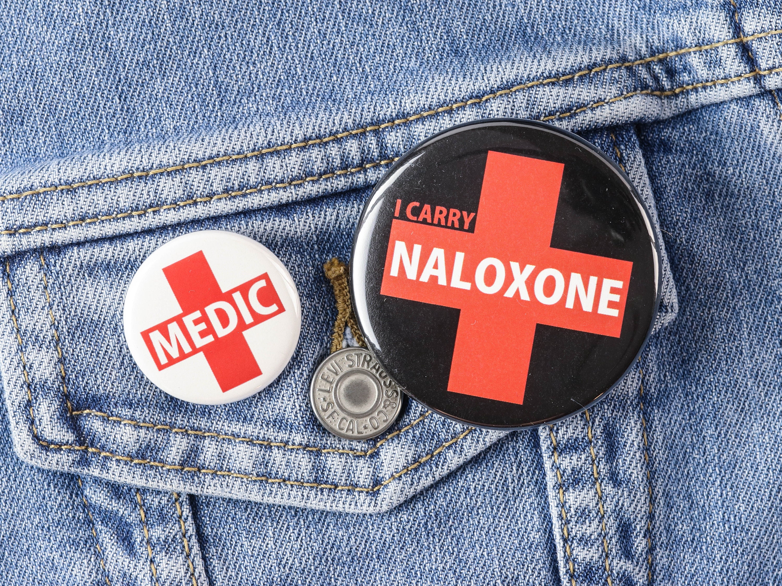 Single: First Aid Button, Medic Badge, I Carry Naloxone Button, and ...
