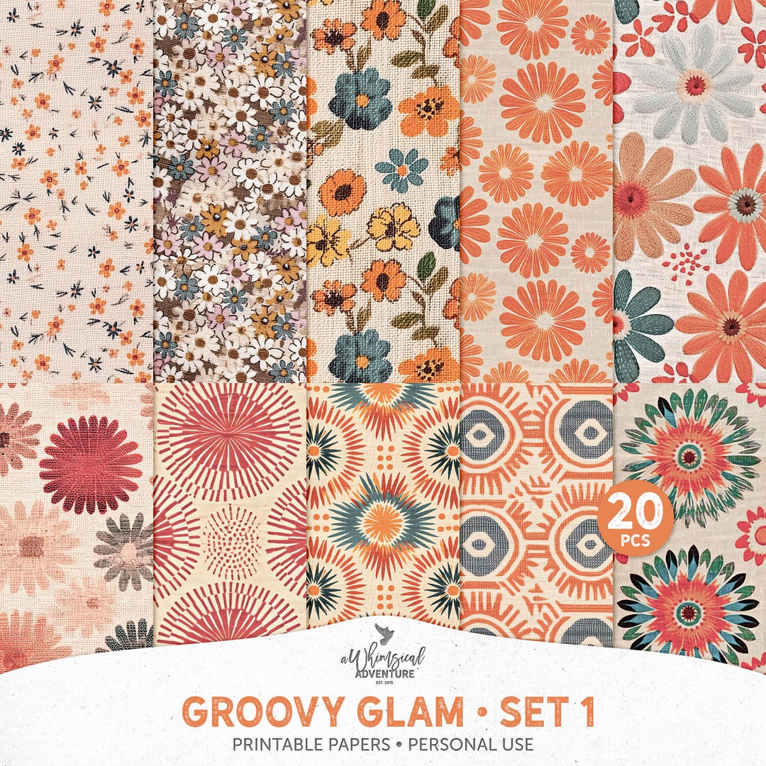 Groovy Glam 70s Retro Boho Hippie Floral Linen Paper, Digital Download ...
