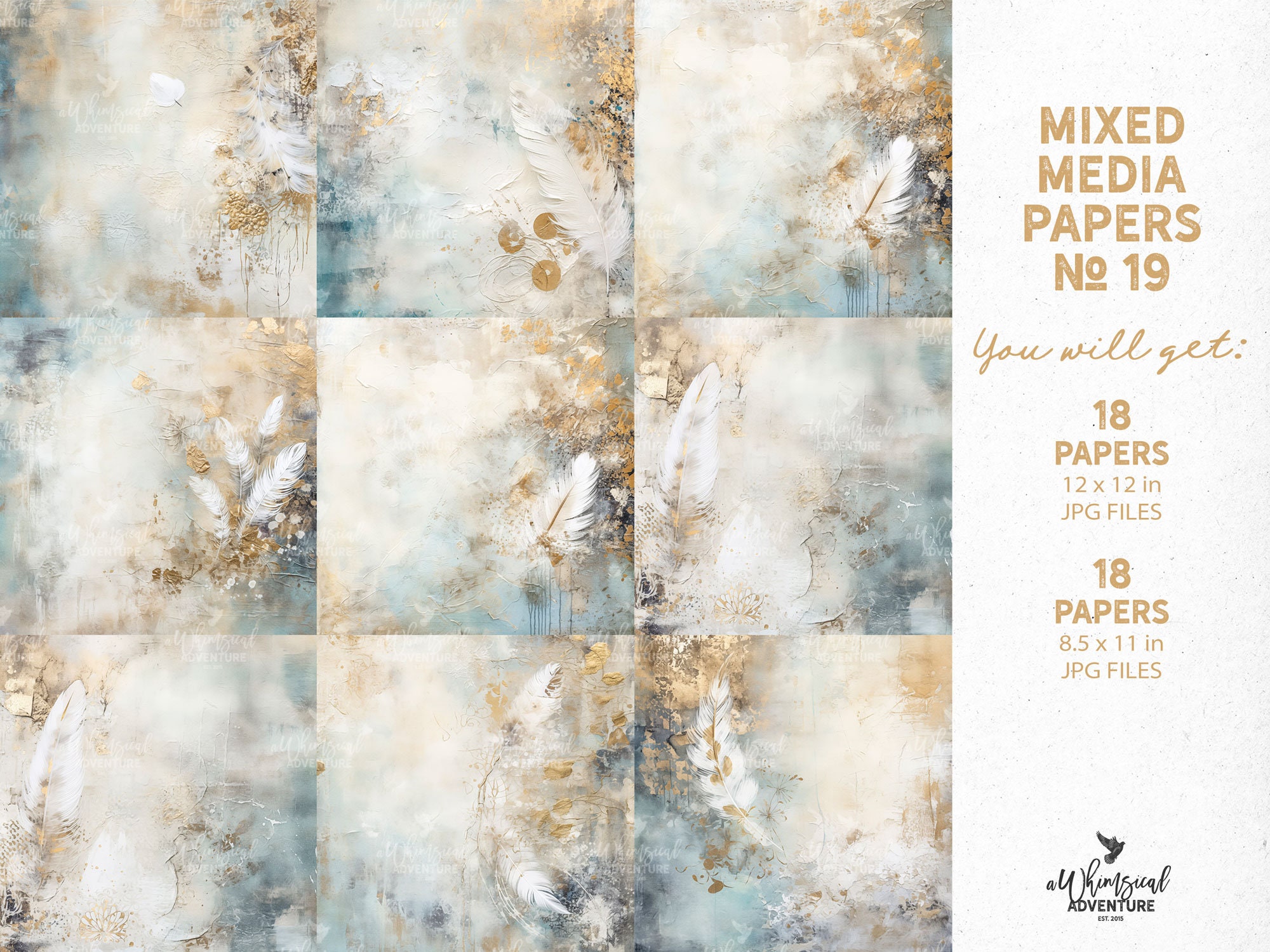 Printable Boho Gold Paint and Feather Mixed Media Christmas Scrapbook ...