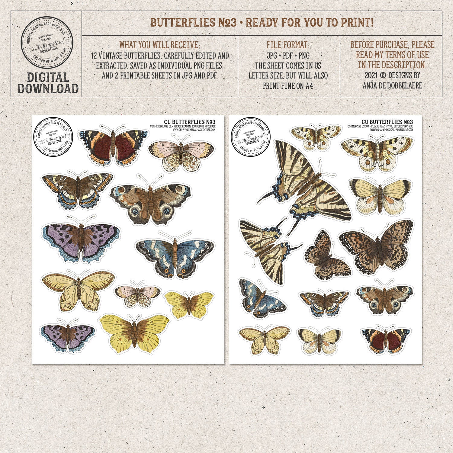 Printable Antique Butterflies PNG Files for Commercial Use, Digital ...