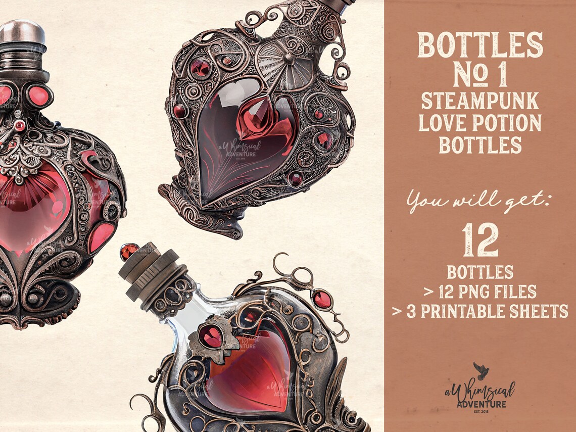 Printable Valentine Bronze Steampunk Perfume Bottle With Gemstones ...