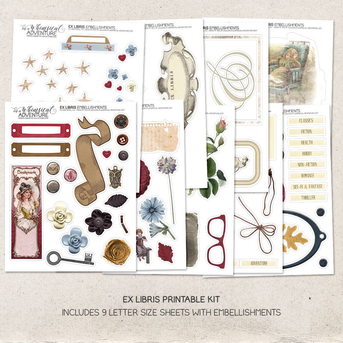 Bookworm Gifts, Ex Libris, Printable Scrapbook Kit, for Bibliophiles ...