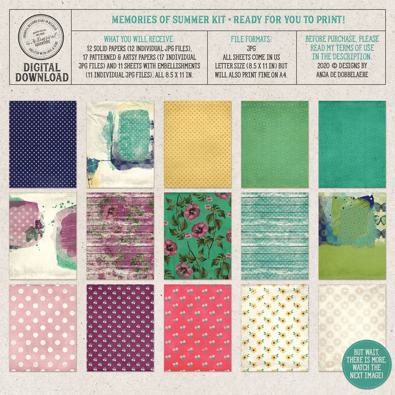 Printable Summer Scrapbook Kit, Floral Digital Papers, Letter Size ...