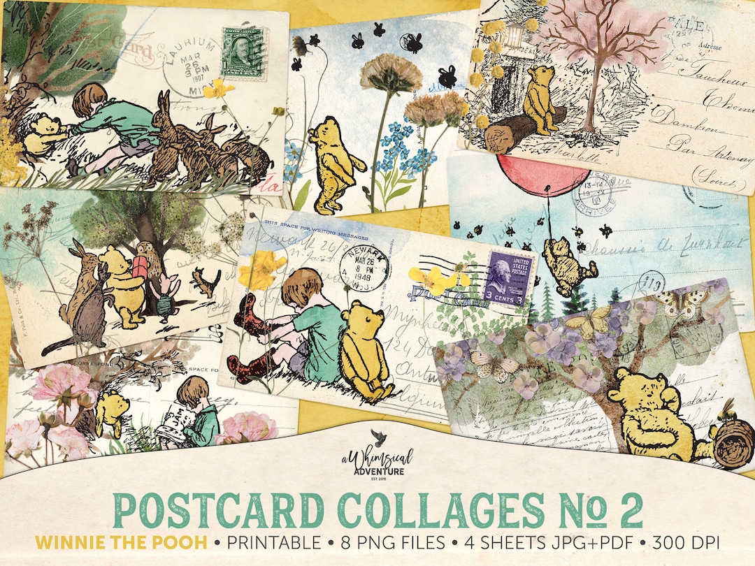 Printable Vintage Winnie the Pooh Postcard Collage Art, Cute Junk ...