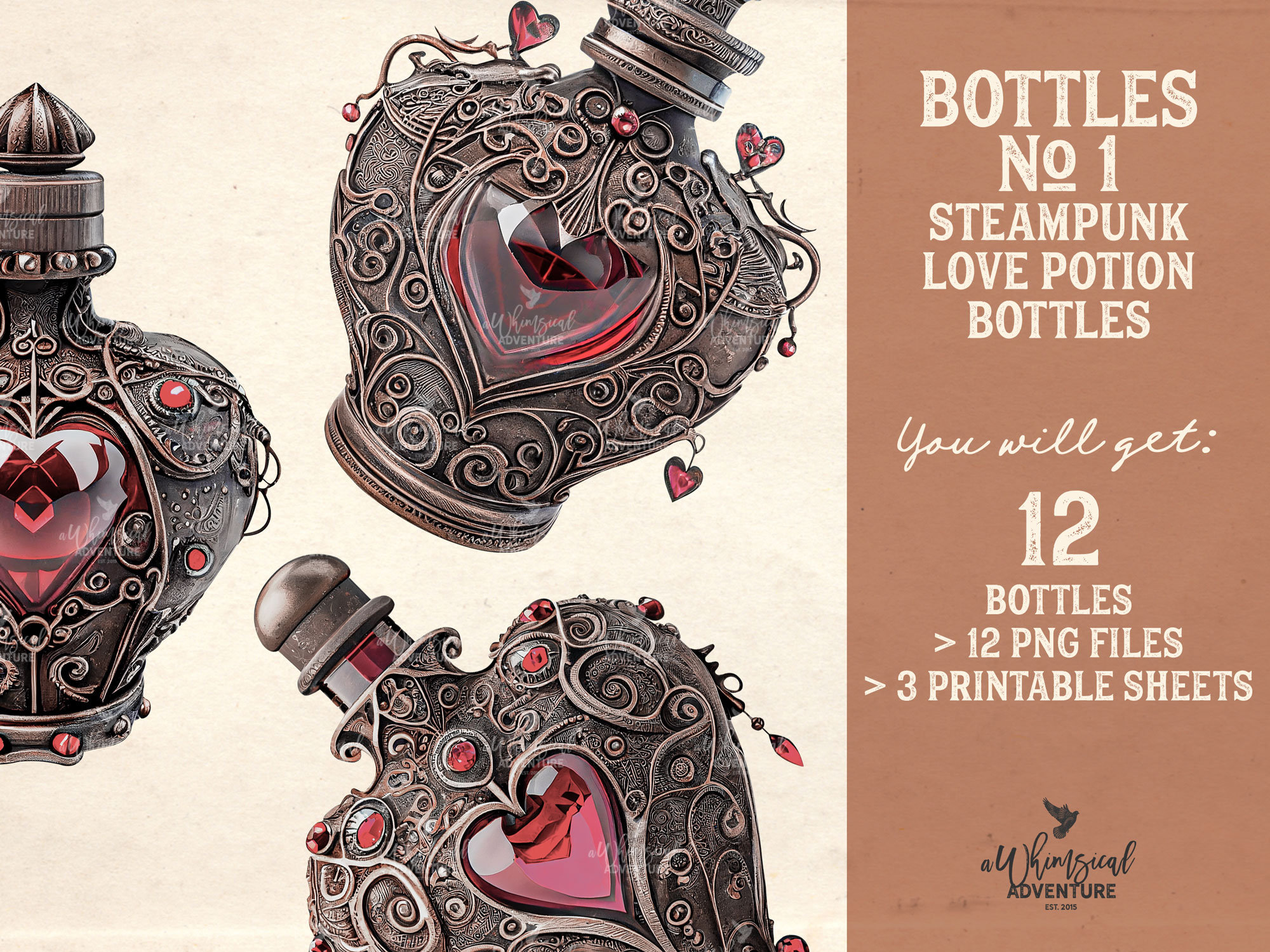 Printable Valentine Bronze Steampunk Perfume Bottle With Gemstones ...