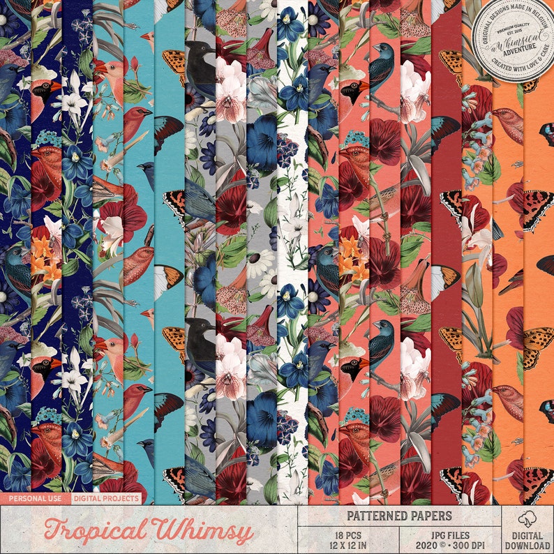 Scrapbook Bundle, Vintage Tropical Birds, Floral Illustrations, Digital ...