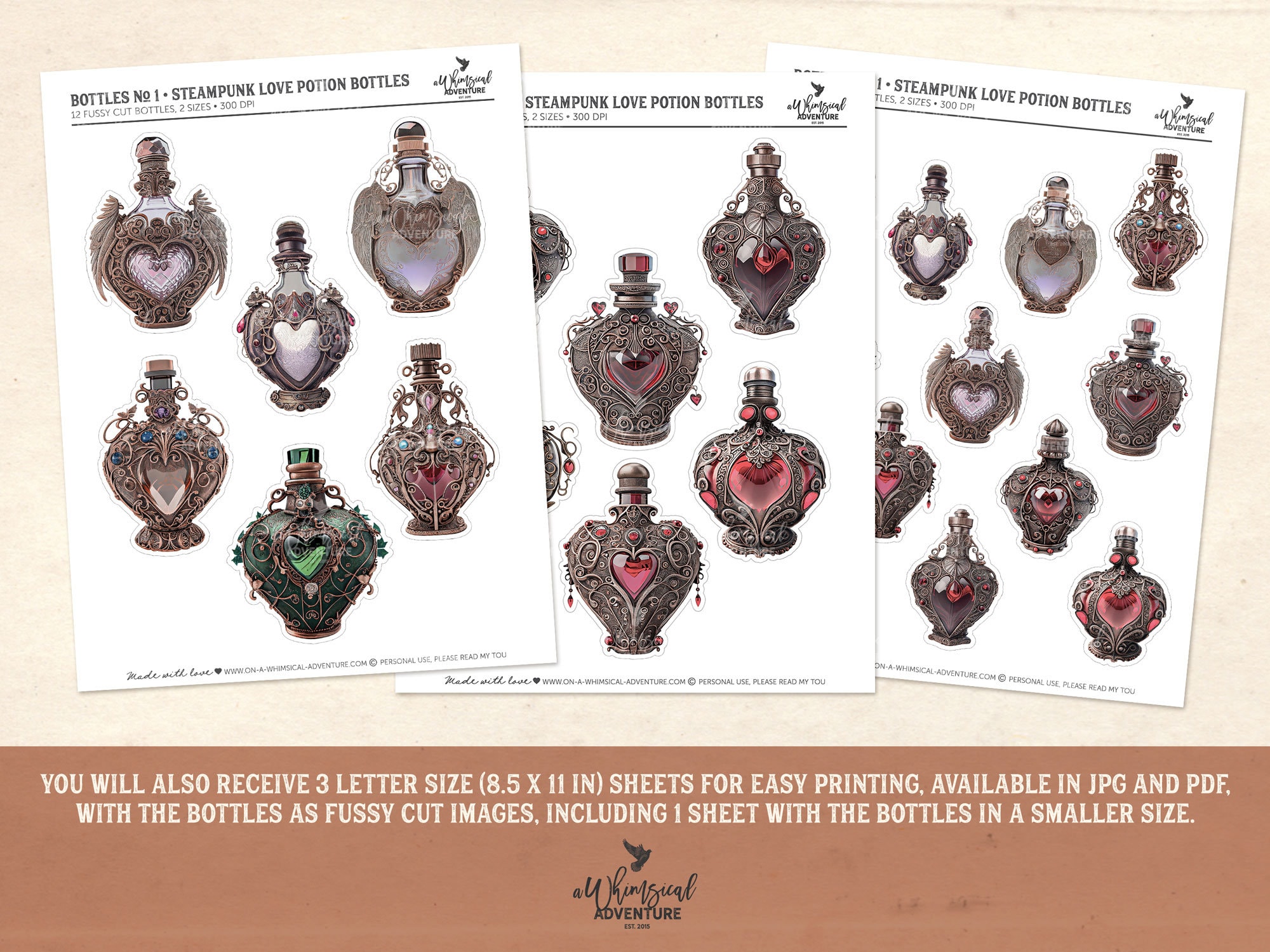 Printable Valentine Bronze Steampunk Perfume Bottle With Gemstones ...