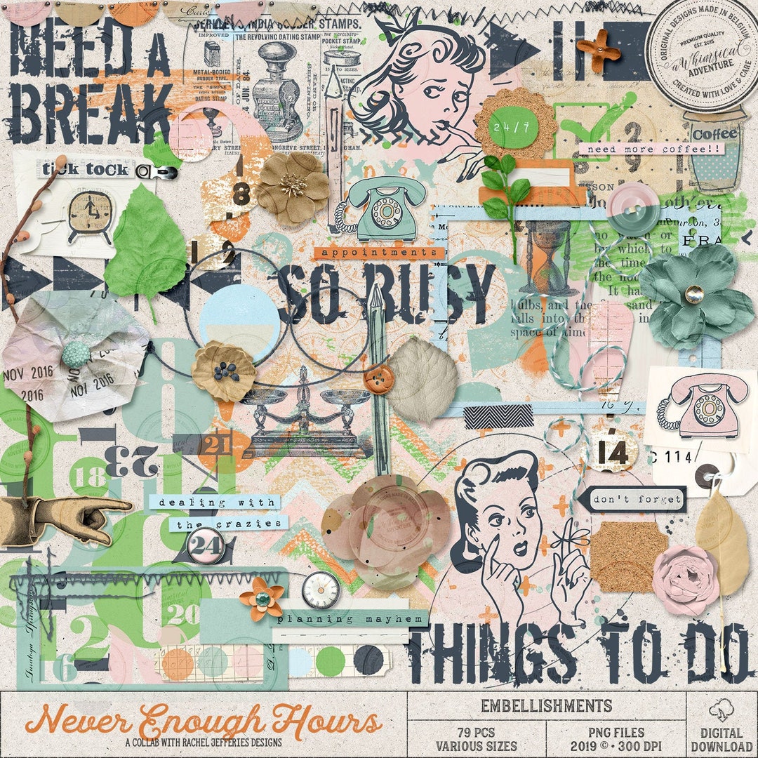 Busy Life, Hours in A Day, Mixed Media, Hand Drawn Graphics, Stamps ...