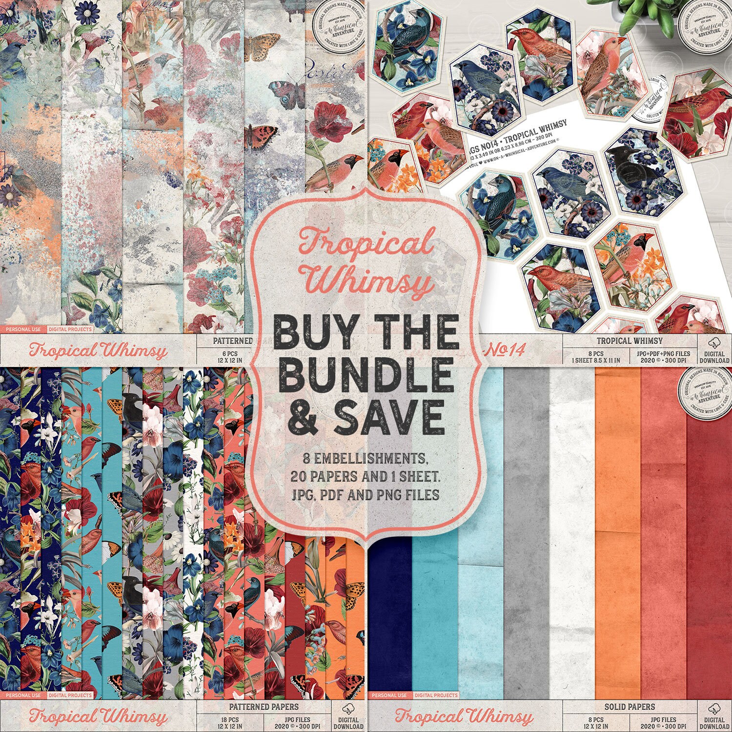 Scrapbook Bundle, Vintage Tropical Birds, Floral Illustrations, Digital ...