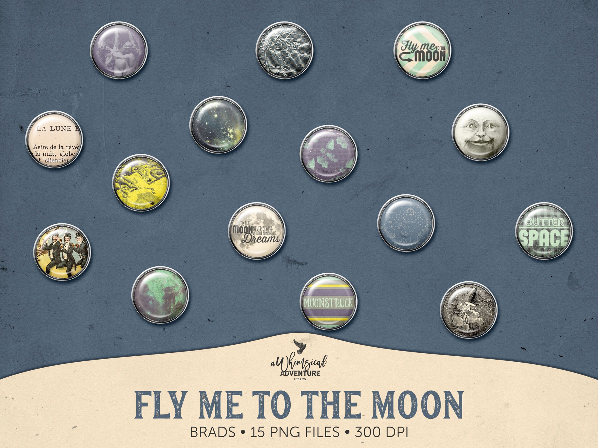 Moon Flair Buttons, Instant Download, Digital Brads, Steampunk Space ...