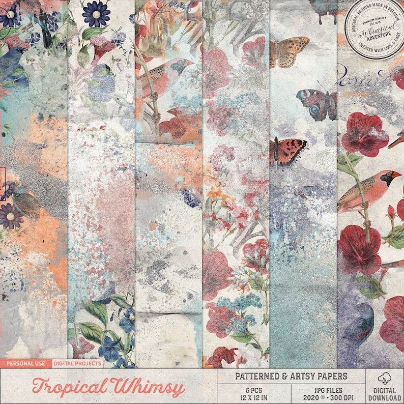Scrapbook Bundle, Vintage Tropical Birds, Floral Illustrations, Digital ...