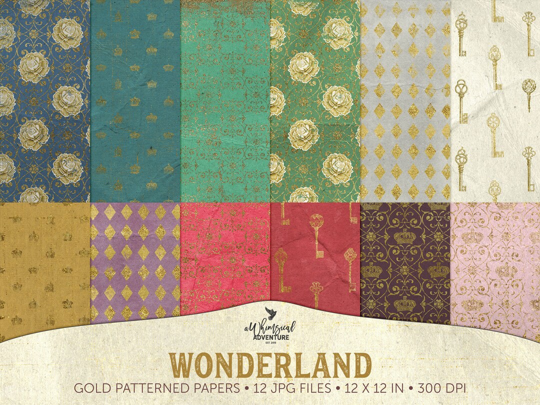 Alice in Wonderland Gold Foil Seamless Patterned Scrapbook Paper ...
