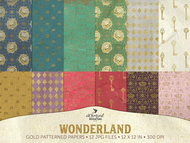 Alice in Wonderland Gold Foil Seamless Patterned Scrapbook - Etsy