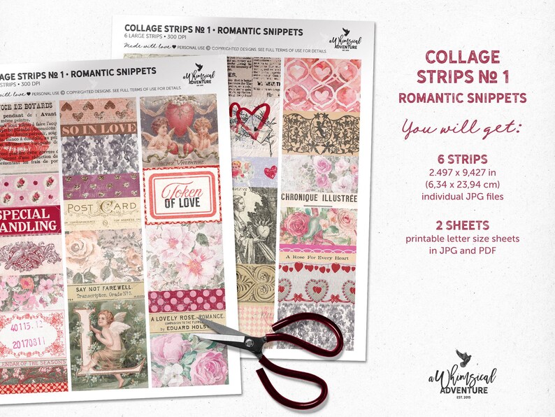 Printable Romantic Collage Paper Strips - Vintage Style Ephemera ...
