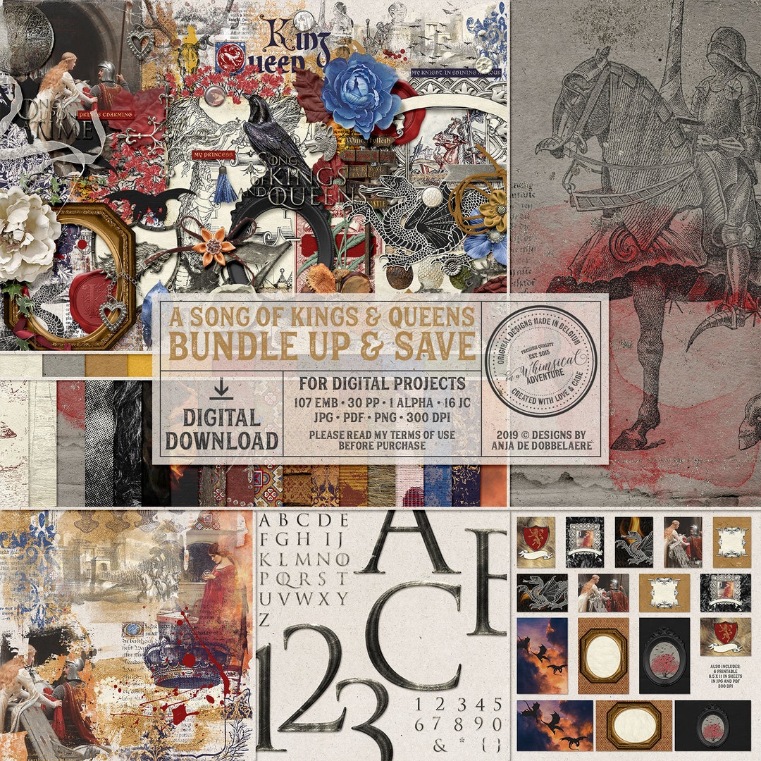 Medieval Style Scrapbook Bundle, Dragons and Castles Junk Set, Dark ...