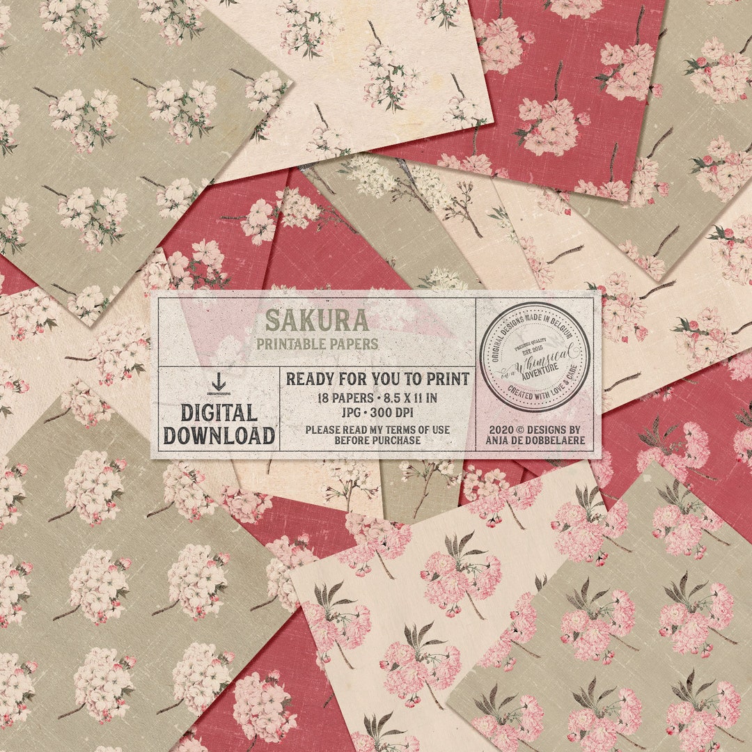 Printable Cherry Blossom Papers, Sakura Print, Shabby Chic Textures ...