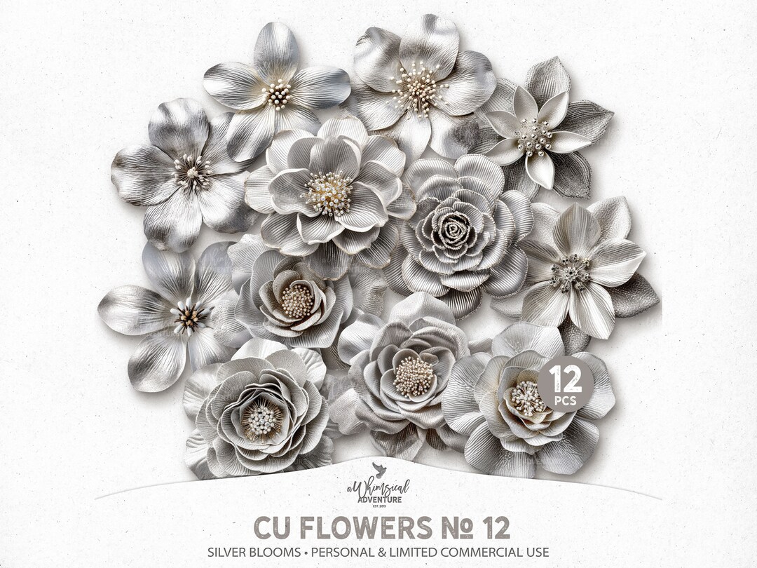 Metallic Silver Flowers Glam PNG Clip Art, Digital Download Floral ...