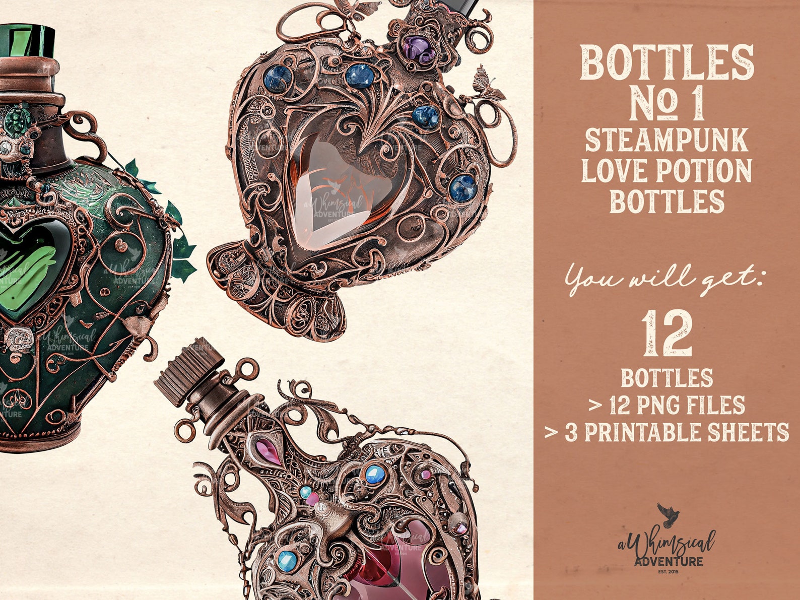 Printable Valentine Bronze Steampunk Perfume Bottle With Gemstones ...