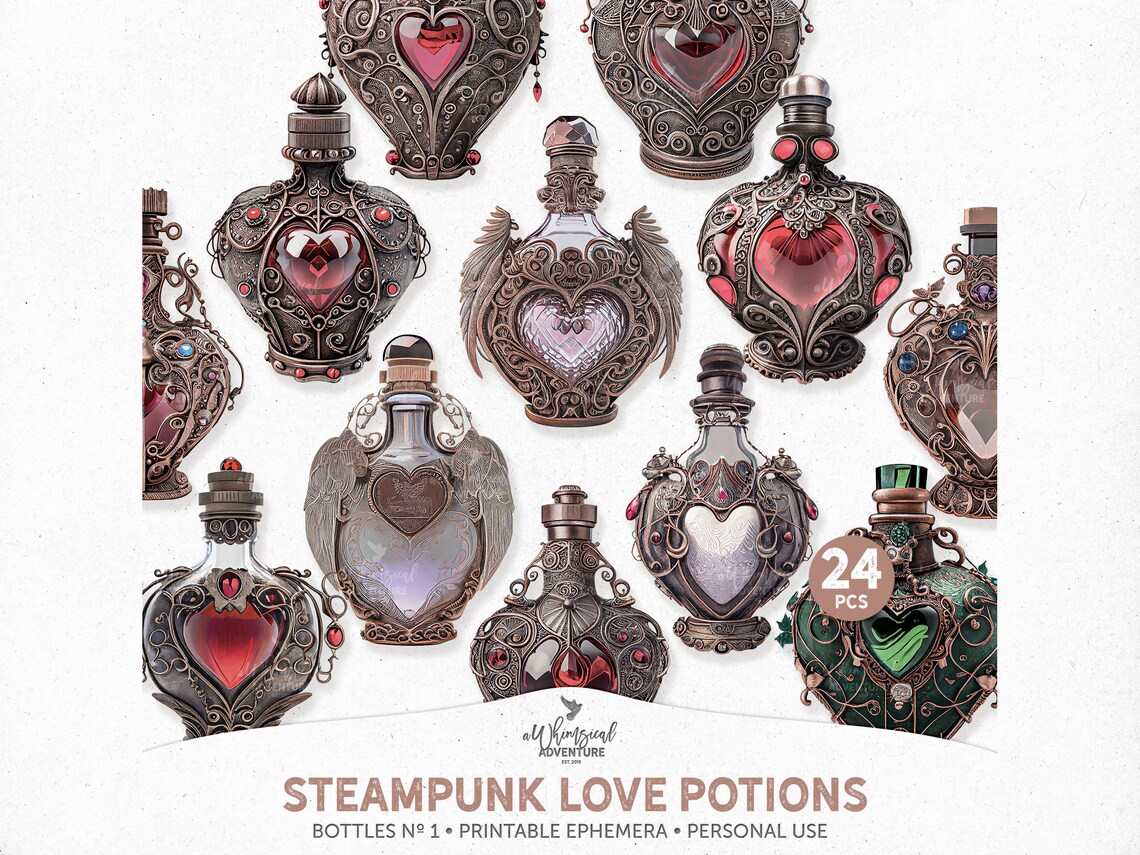 Printable Valentine Bronze Steampunk Perfume Bottle With Gemstones ...