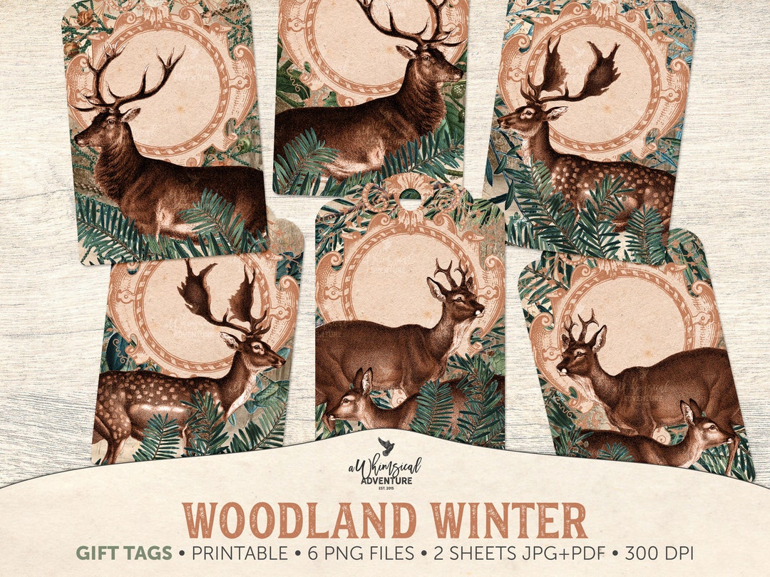 Printable Vintage Winter Woodland Deer Holiday Gift Tags, Digital ...