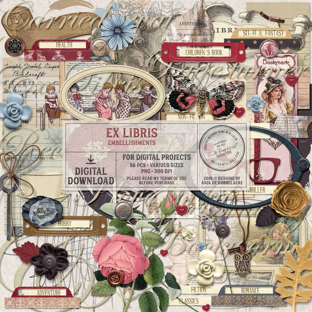 Ex Libris, Digital Scrapbook Embellishments, Librarian Gift, Scrapbook ...