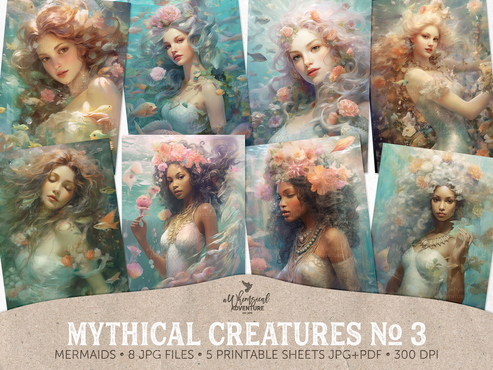 Floral Mermaids Whimsical AI Fantasy Art Printable Ephemera - Etsy