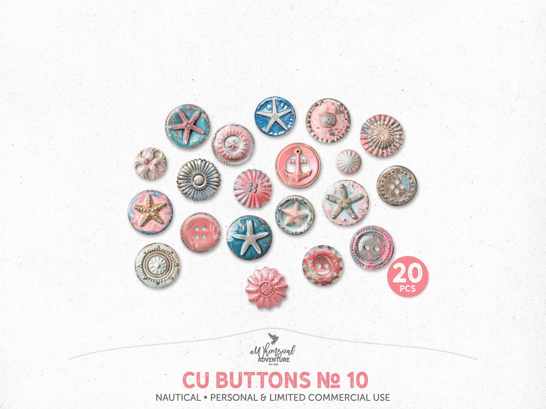 Whimsical Seaside Clay and Metal Style Buttons Clipart PNG Files ...