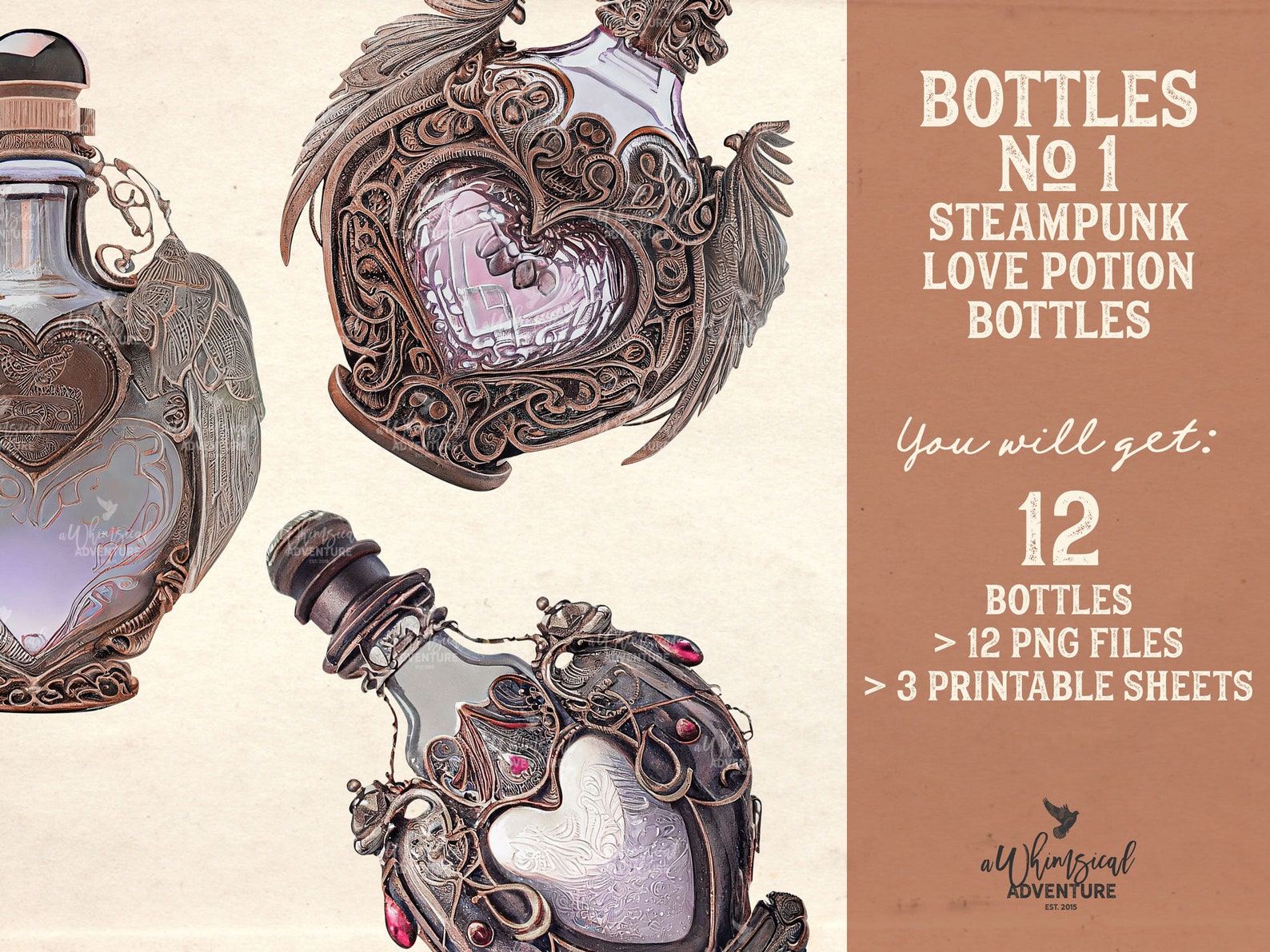 Printable Valentine Bronze Steampunk Perfume Bottle With Gemstones ...