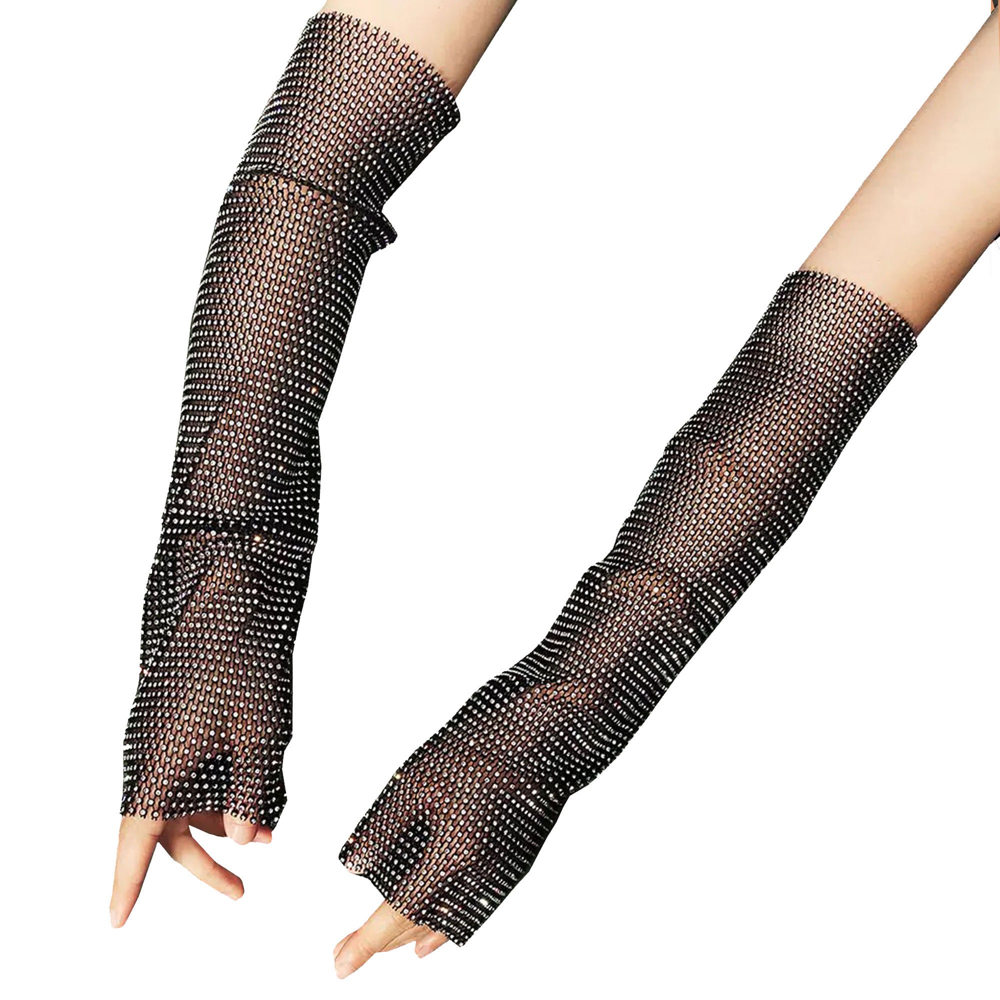 Fingerless Gloves; Rhinestone Sleeves; Gauntlets; Black or White Nylon ...