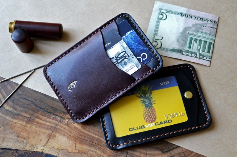 Burgundy Horween leather ID card holder with cash / ID window | Etsy