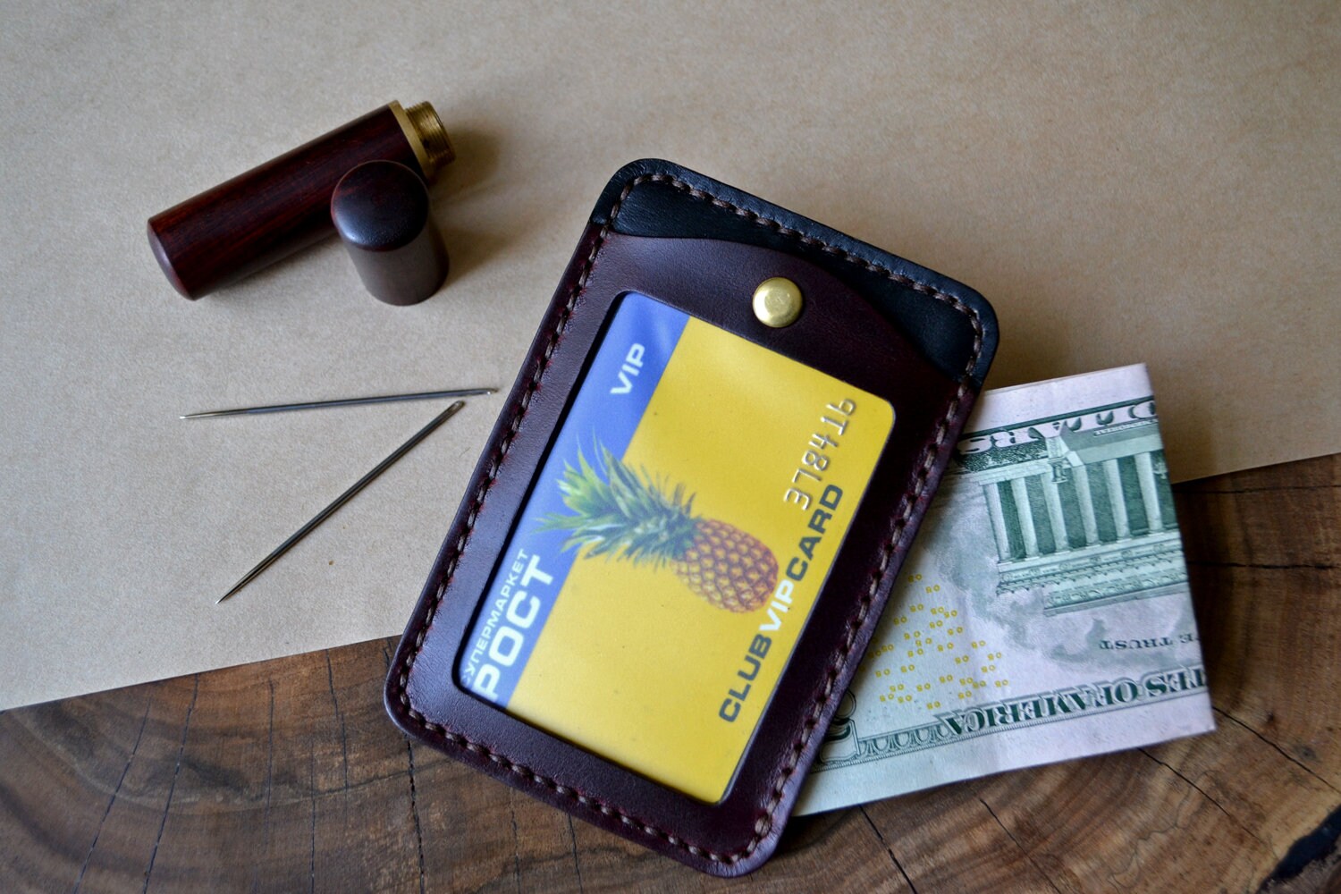 Burgundy Horween leather ID card holder with cash / ID window | Etsy