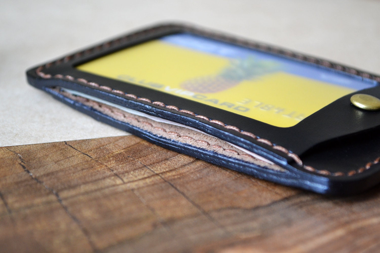 Leather ID Card Holder in Black Horween Leather / With Cash Slot / ID ...