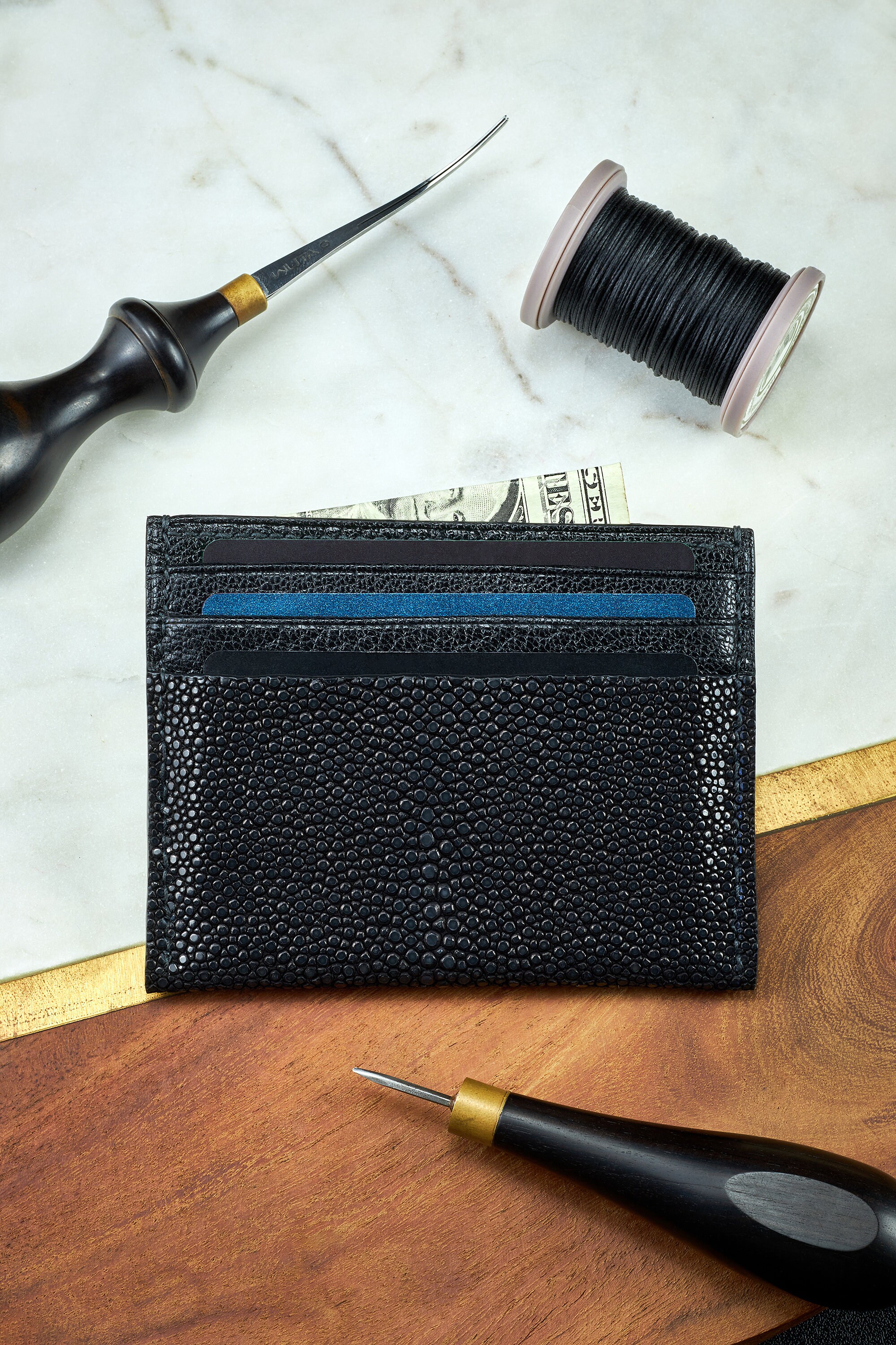 Card Holder Stingray Black Leather Wallet for 6 Cards, Cash Slot ...