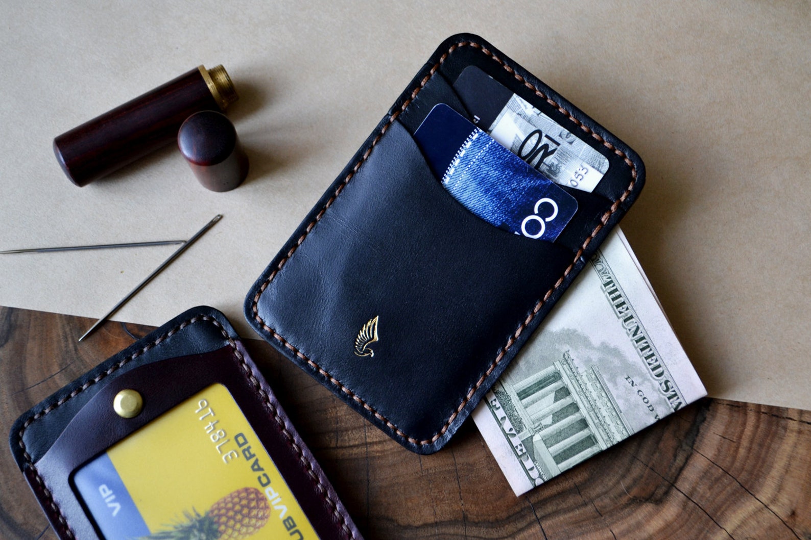 Leather ID Card Holder in Black Horween Leather / With Cash - Etsy