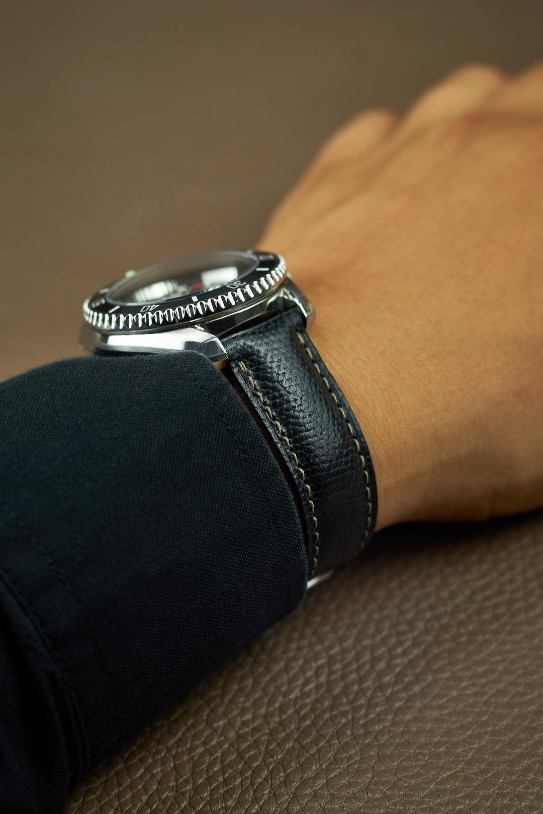 Black Horween Leather Watch Strap Band / Pebbled Textured Chromexcel ...