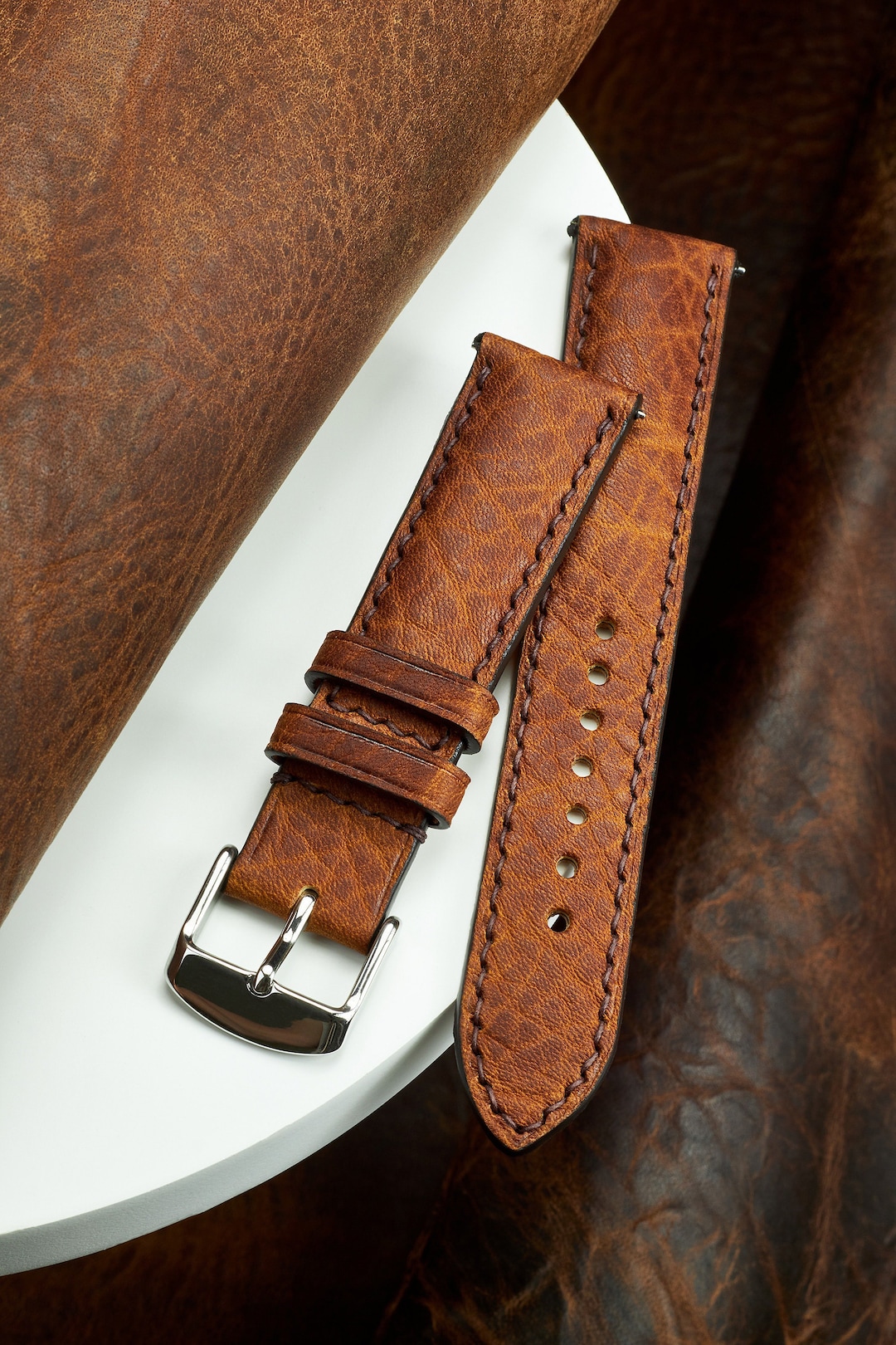 Brown Horween Bison Watch Strap Leather Band, Whiskey Rough Medium ...