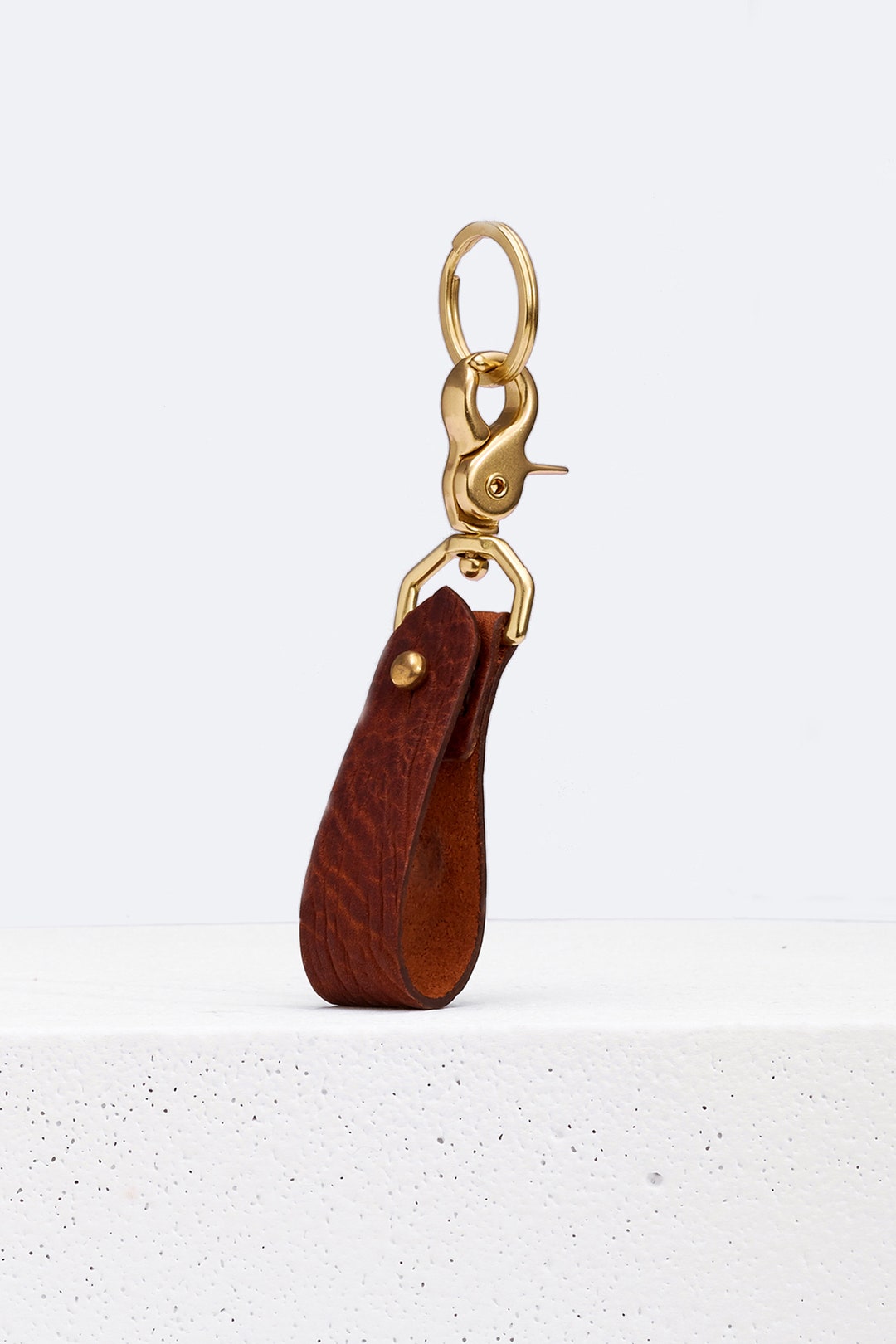 Hand Stitched Bison Leather Keychain: Horween Tan Brass Ring - Etsy