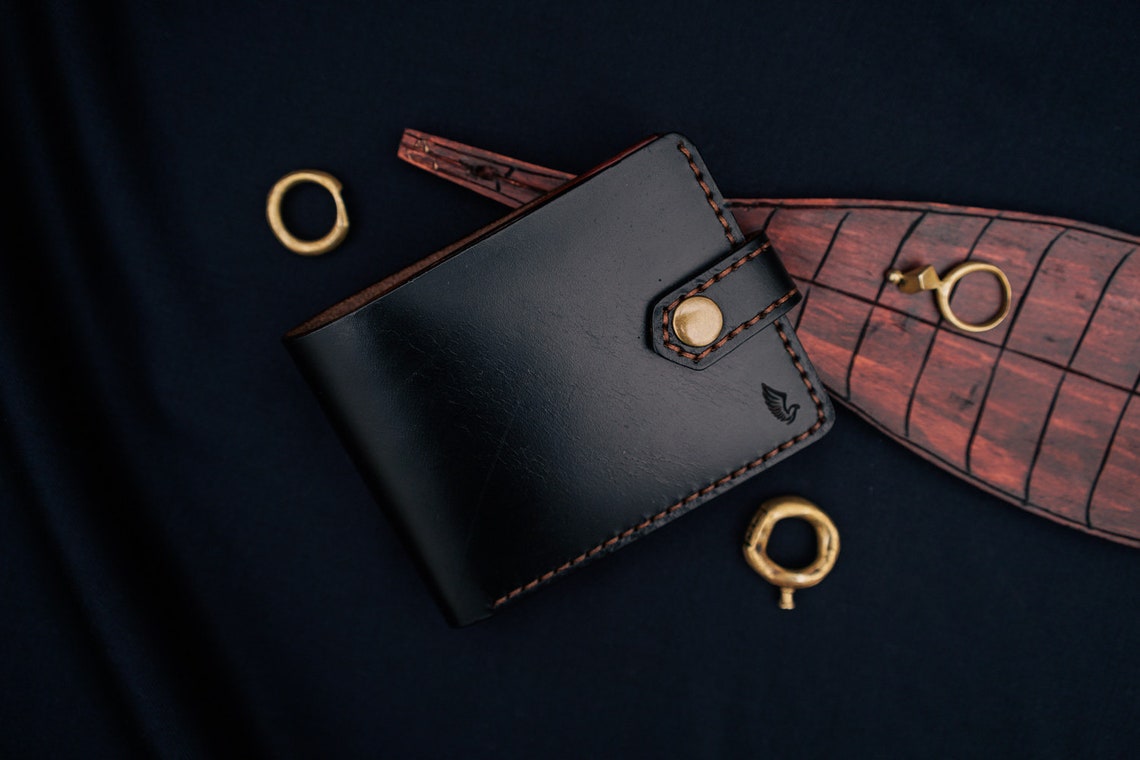 Bifold Horween Wallet in Chromexcel Black Leather Snap or - Etsy