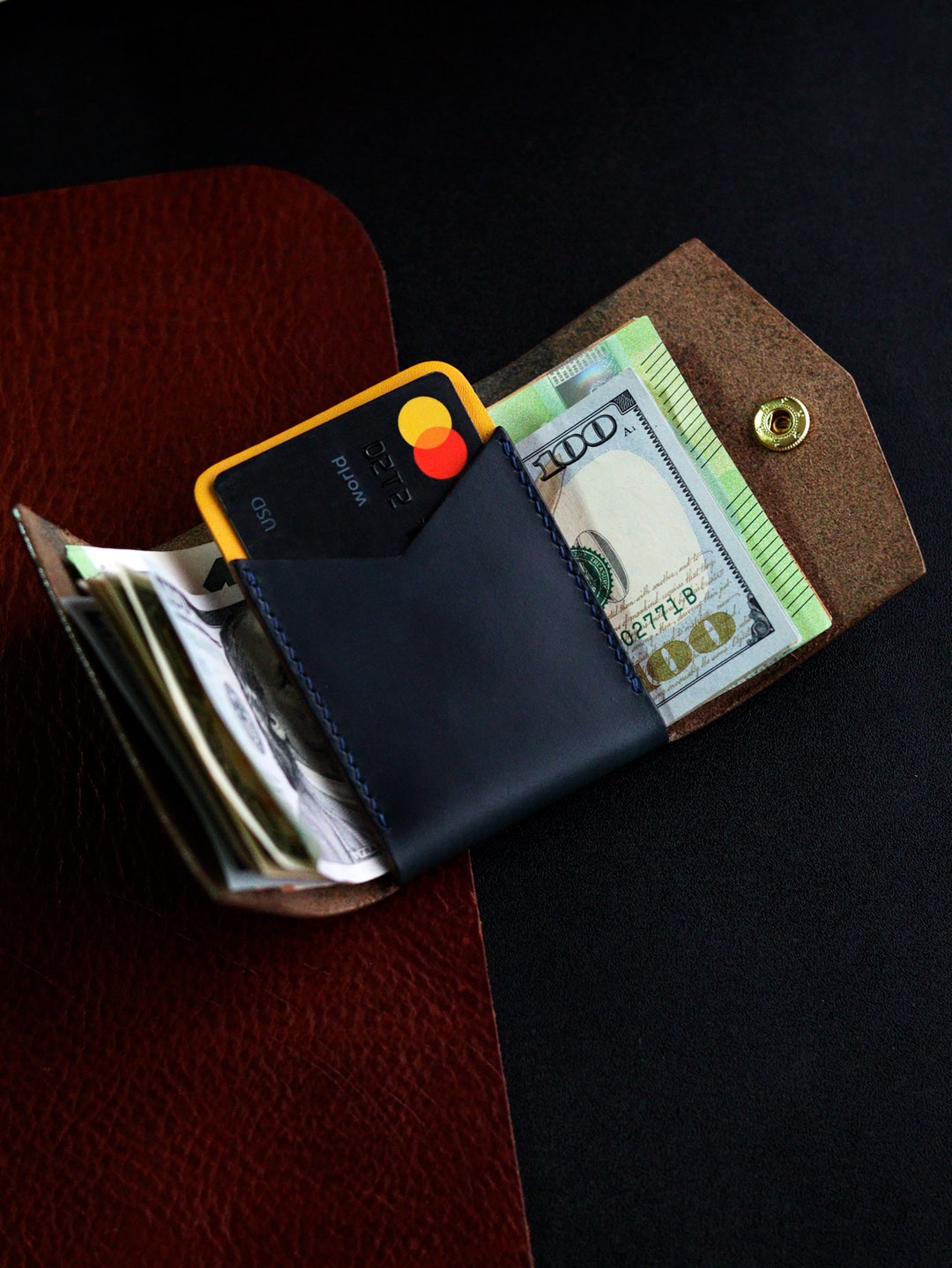 Small Leather Wallet, Navy Horween Front Pocket Wallet for Cash and ...