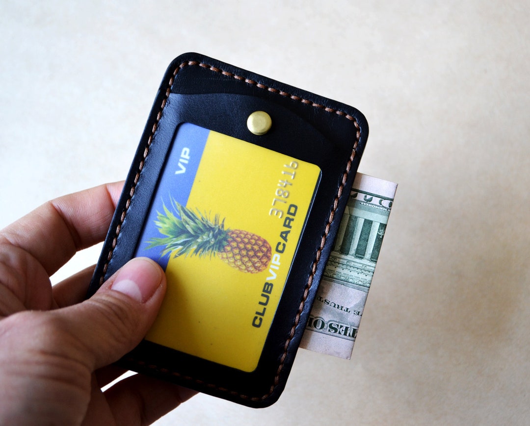 Leather ID Card Holder in Black Horween Leather / With Cash Slot / ID ...
