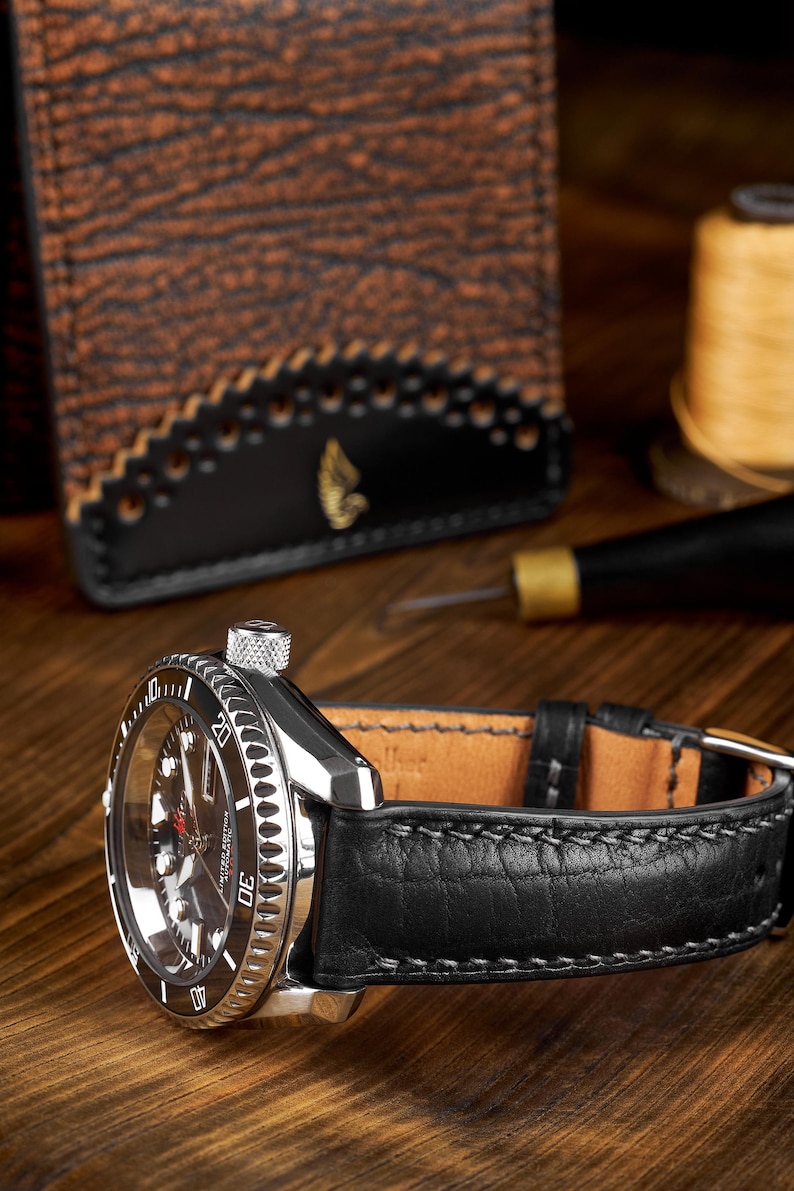 Black Bison Leather Watch Strap: Textured Handmade Band - Etsy