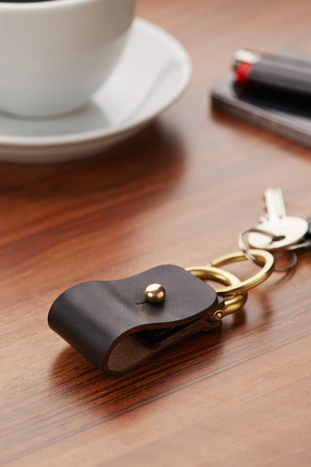 Black Horween Leather Keychain: Handsewn Brass Key Fob - Etsy