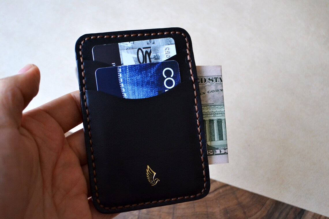 Leather ID Card Holder in Black Horween Leather / With Cash Slot / ID ...